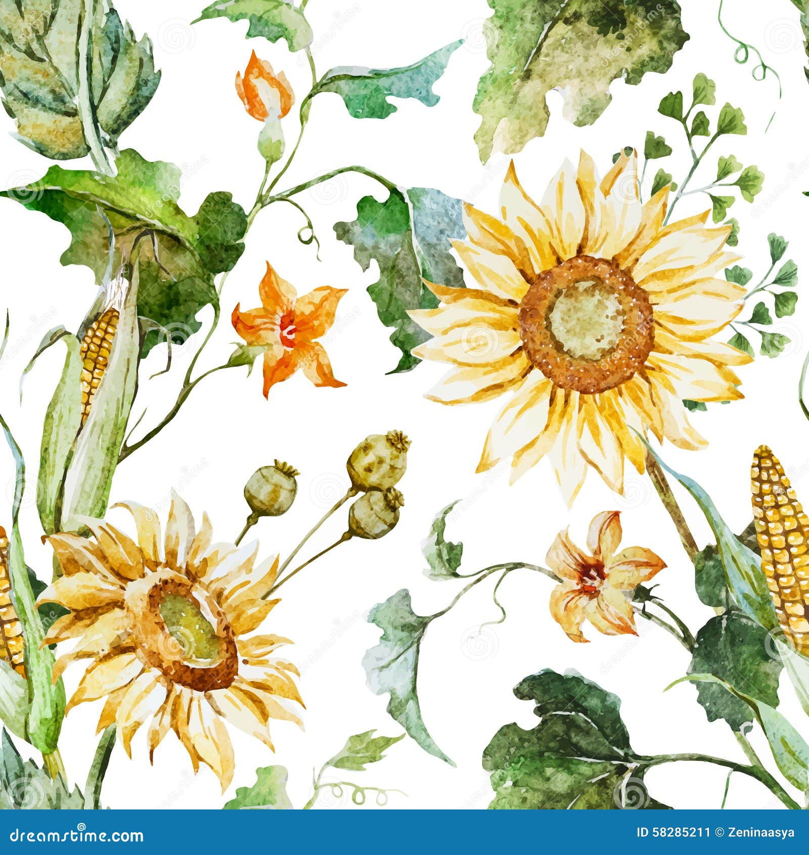 Watercolor Sunflower Pattern Stock Vector - Illustration of orange ...