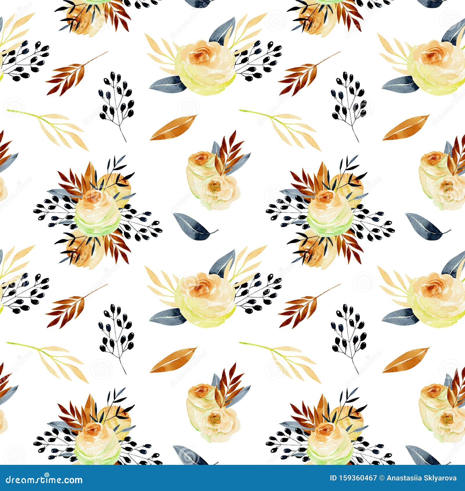 Watercolor Tea Roses Bouquets Seamless Pattern Stock Illustration ...