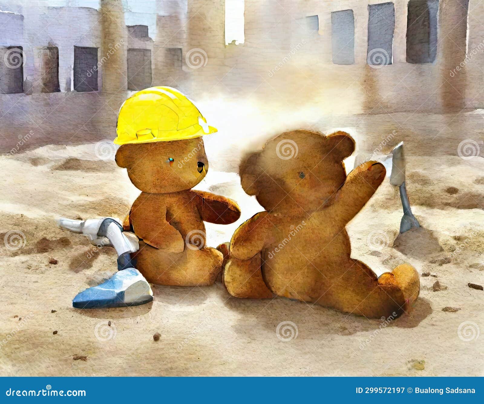 Watercolor of of Teddy Bears on a Construction Site Created Using Tools ...