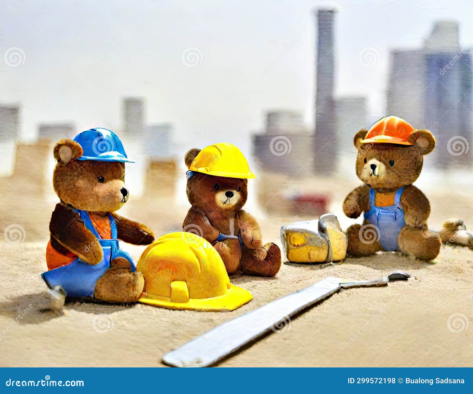 Watercolor of of Teddy Bears on a Construction Site Created Using Tools ...