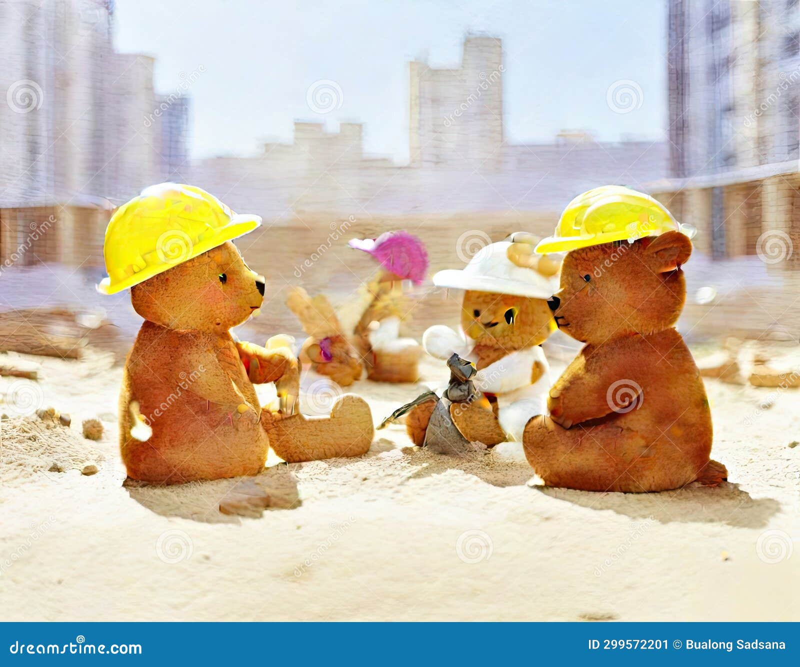 Watercolor of of Teddy Bears on a Construction Site Created Using Tools ...