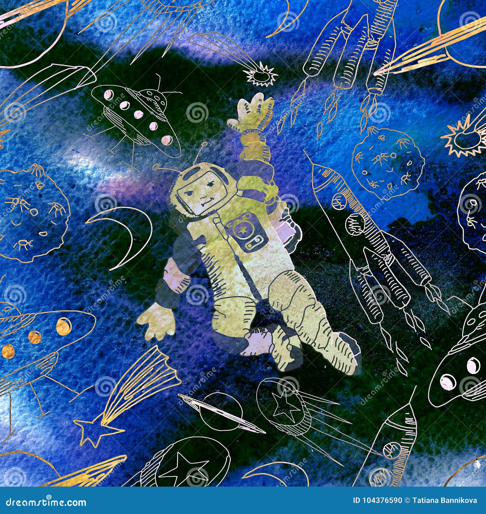 Watercolor Texture Seamless L Pattern. Astronaut. Deep Space Stock ...