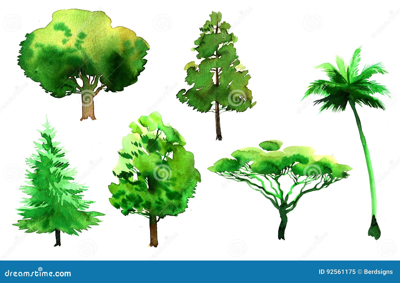 Watercolor tree set stock illustration. Illustration of texture - 92561175