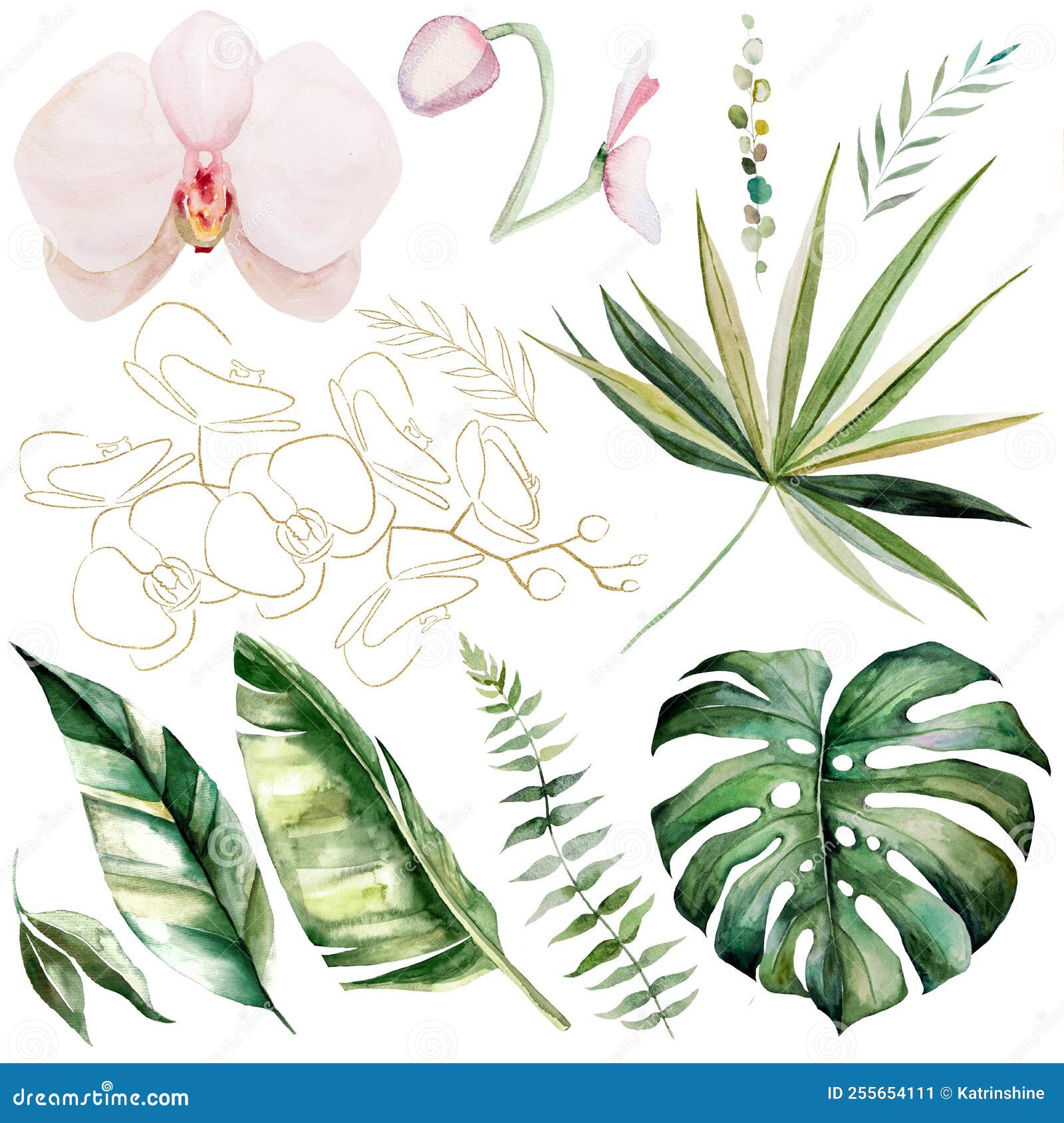 Watercolor Tropical Leaves and Flowers Isolated, Summer Wedding ... Watercolor Tropical Leaves and Flowers Isolated, Summer Wedding ...
