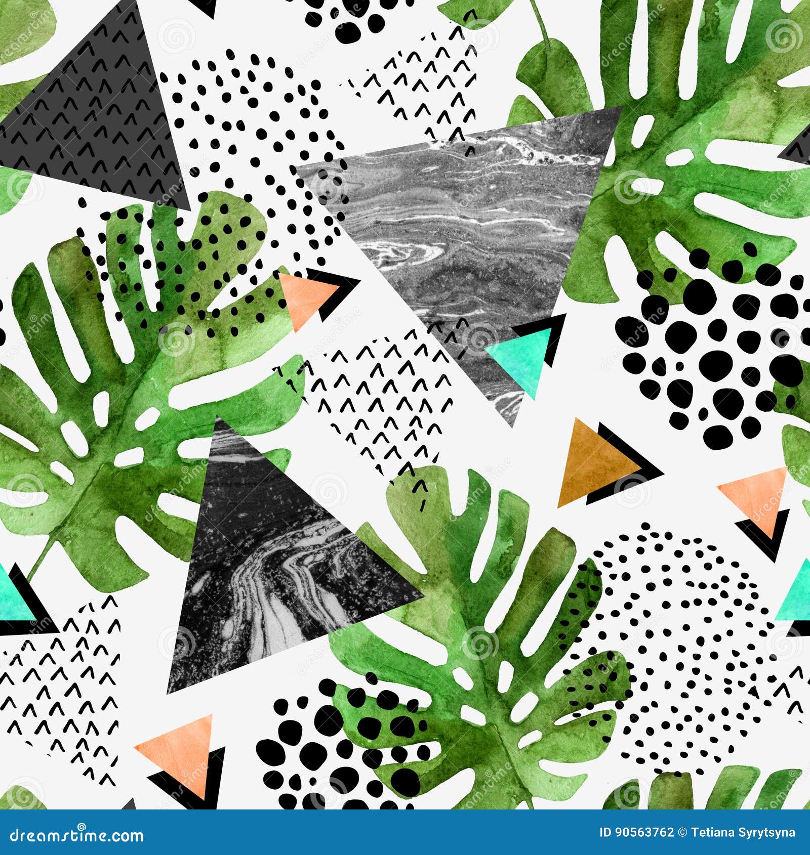 Watercolor Tropical Leaves and Textured Triangles Background Stock ...