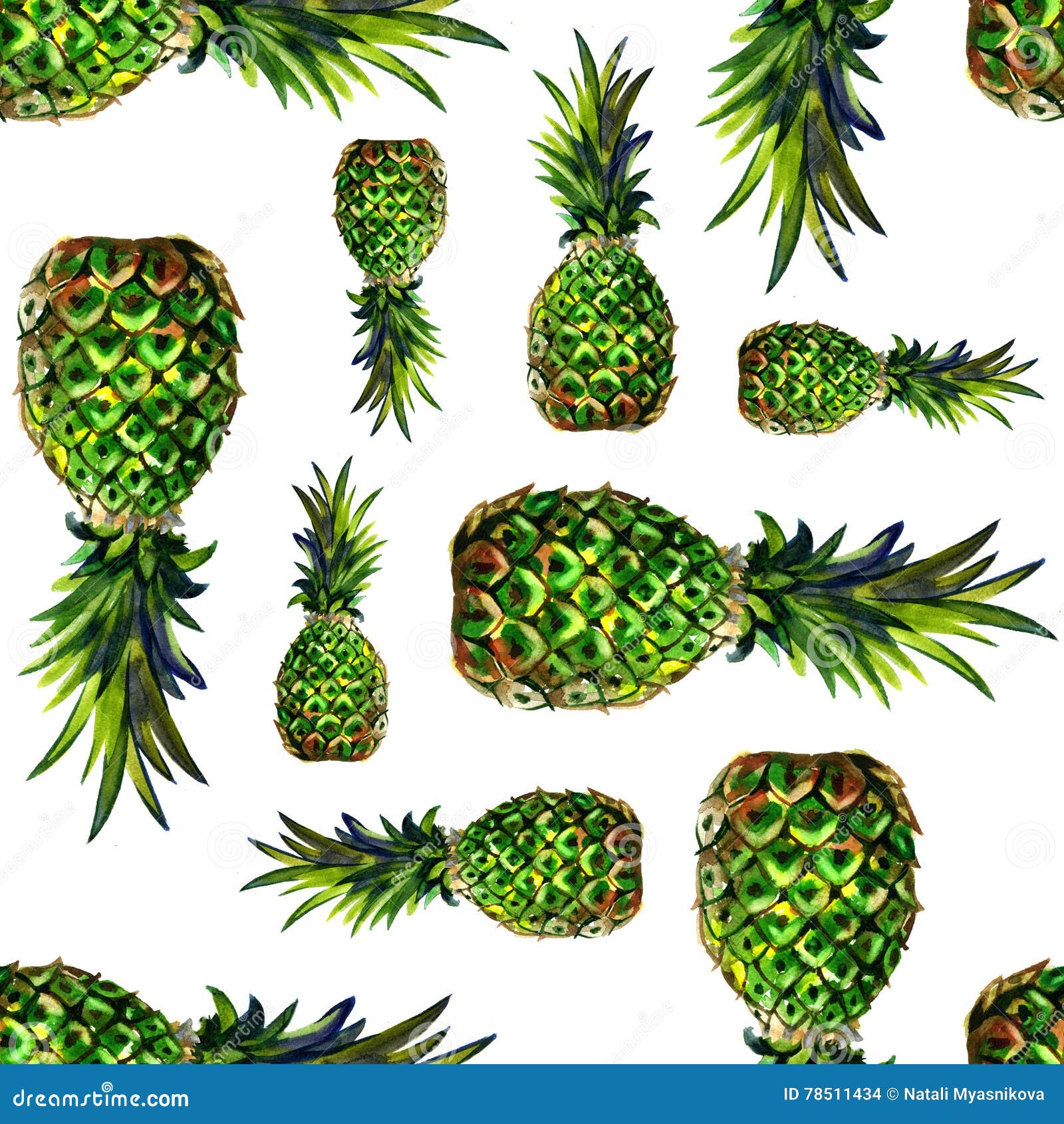 Watercolor Tropical Pineapple Exotic Seamless Pattern Stock ...
