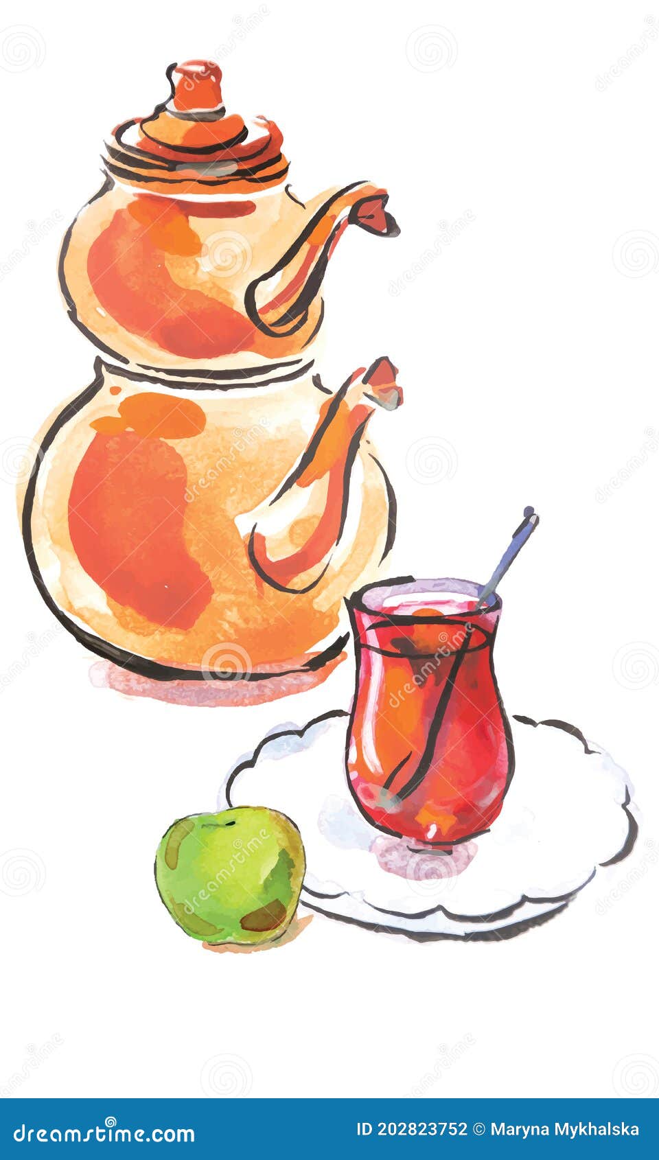 Watercolor Turkish Tea with Turkish Kettle Stock Photo - Image of ...