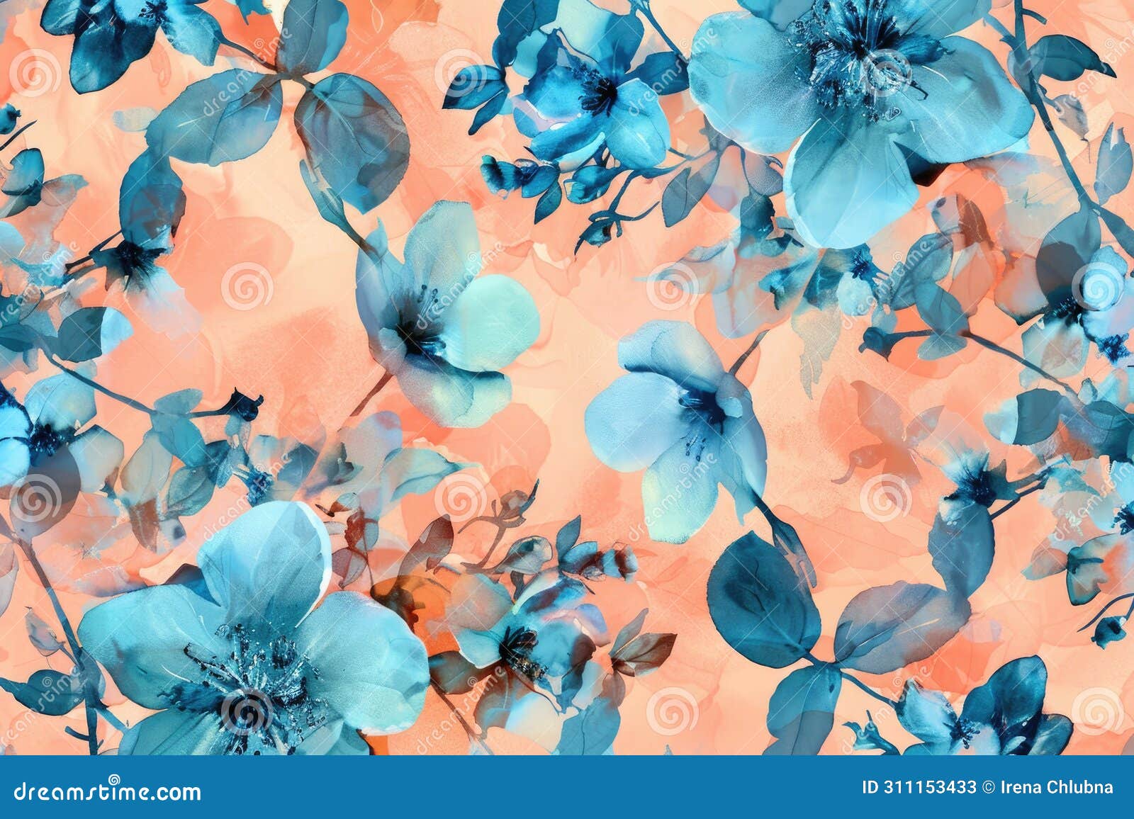 Watercolor Turquoise Floral Pattern on Peach Background Stock ...