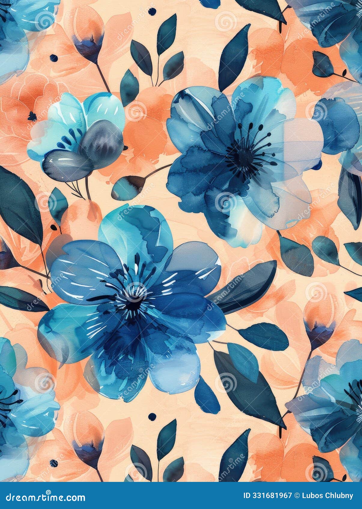 Watercolor Turquoise Floral Pattern on Peach Background Stock ...