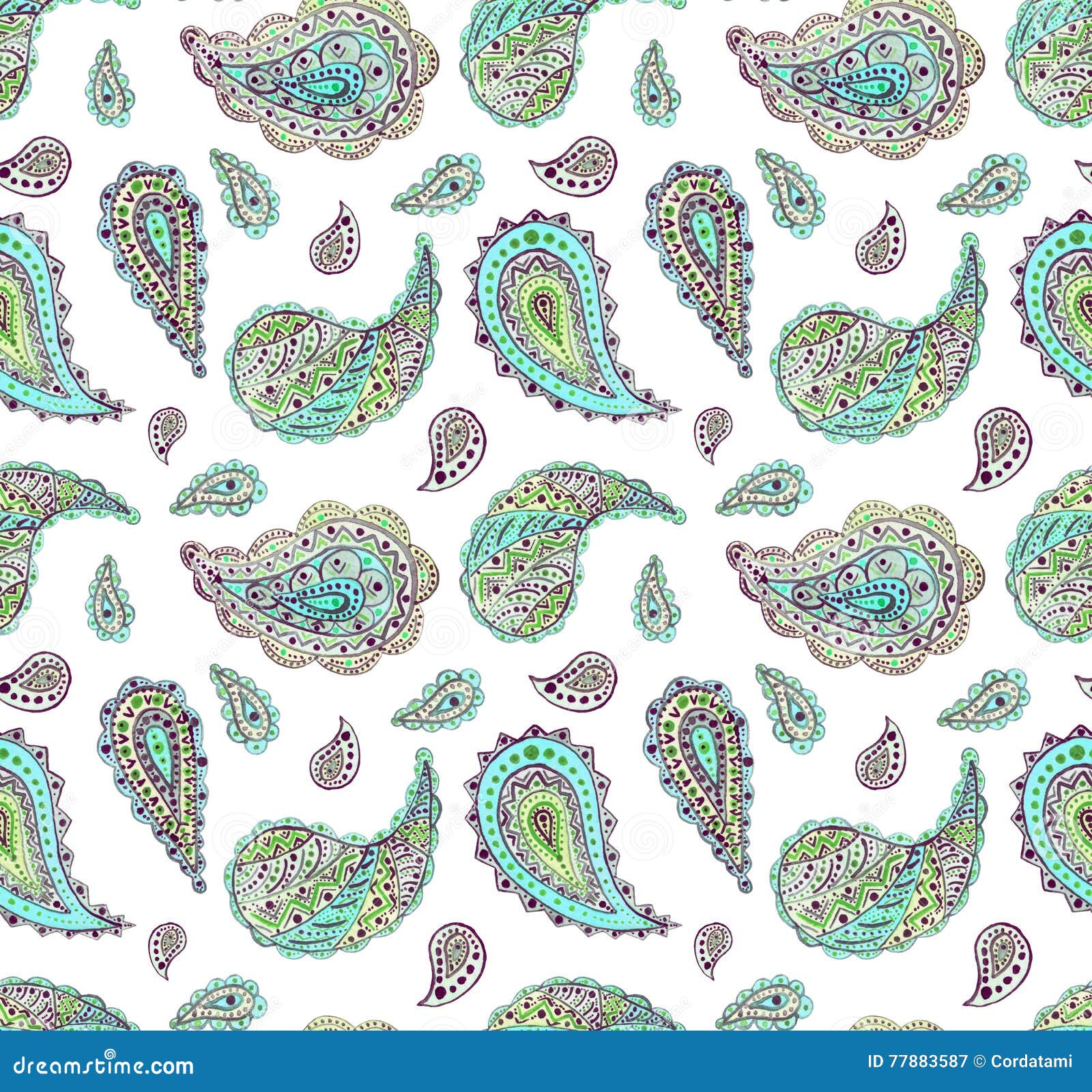 Watercolor Turquoise and Green Paisley Repeat Pattern Stock ...