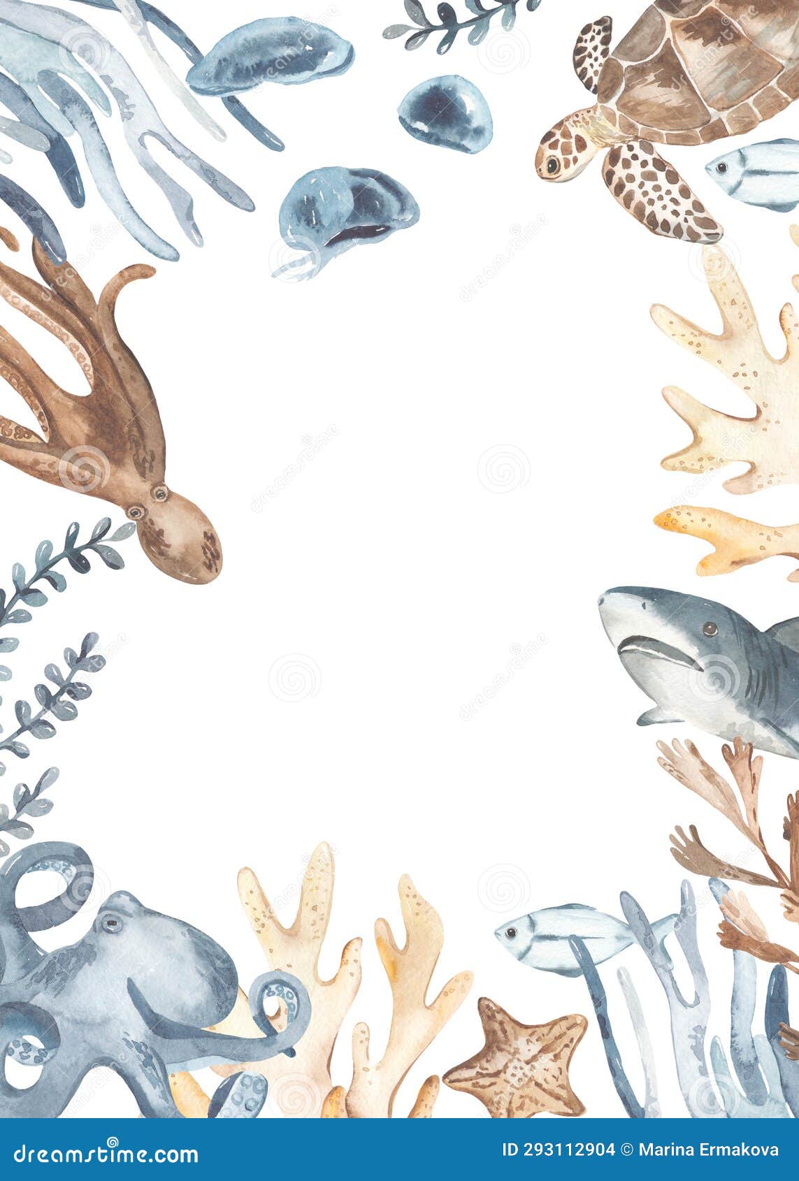 Watercolor Underwater Rectangular Frame With Algae, Sea Creatures, Sea ...