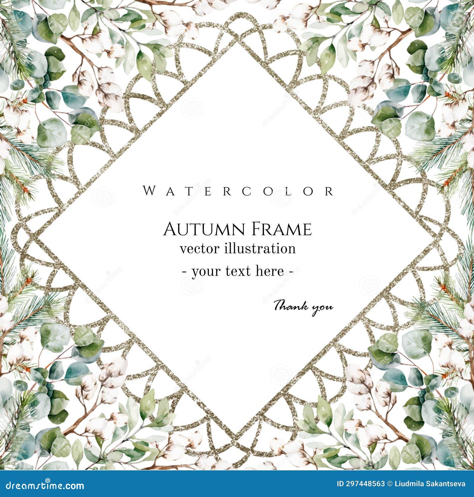 Watercolor Vector Rhombus Brilliant Silver Frame with Cotton, Cedar Branches, Eucalyptus ...