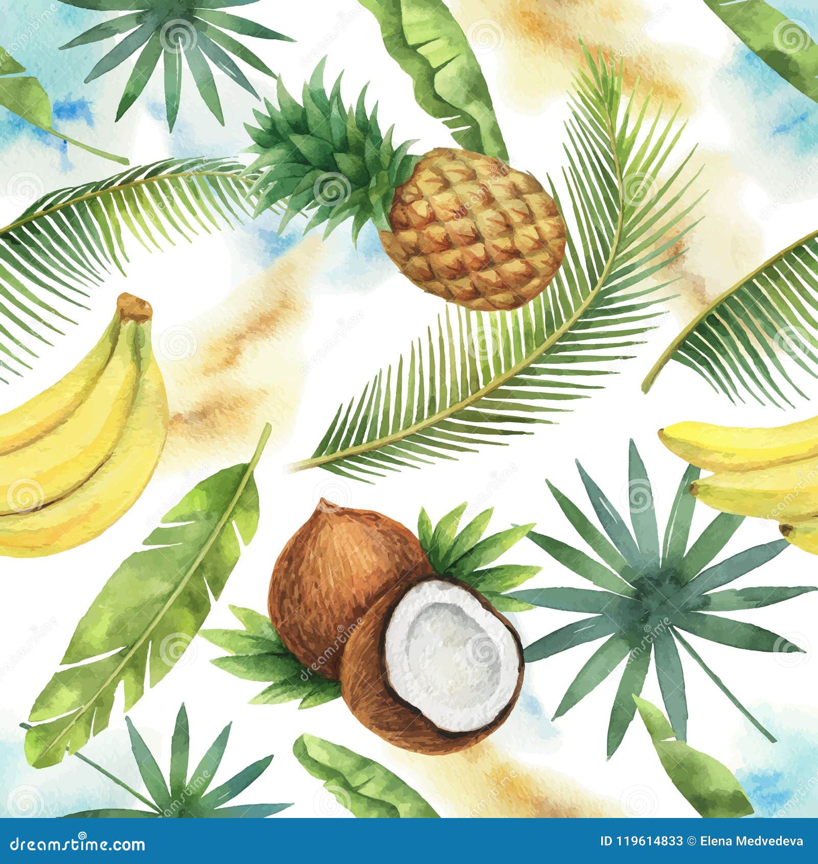 Watercolor Vector Seamless Pattern of Coconut, Banana, Pineapple and ... Watercolor Vector Seamless Pattern of Coconut, Banana, Pineapple and ...