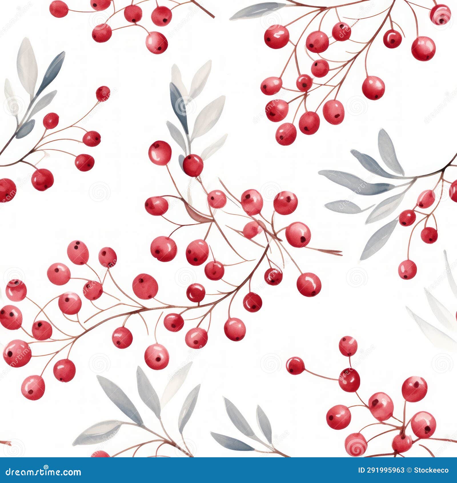 Watercolor Vector Seamless Pattern with Red Cranberries and Leaves ...