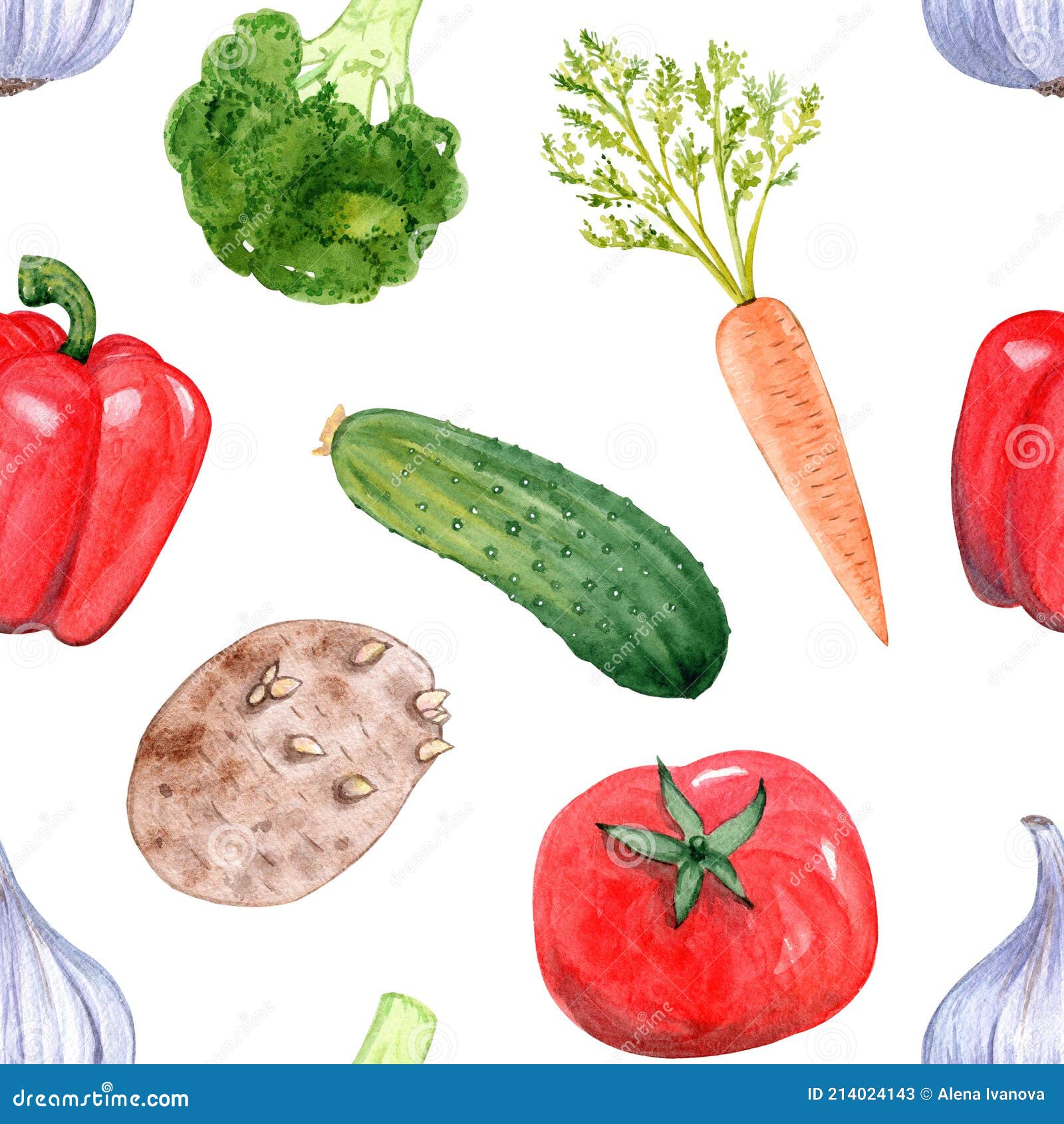 Watercolor Vegetables Seamless Pattern on White Background Stock Image ...