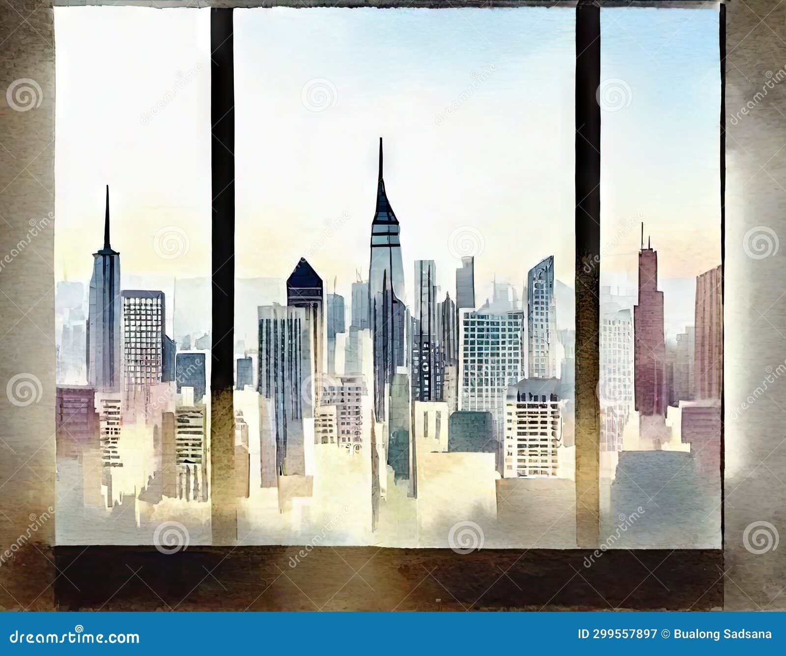 Watercolor of an with a View of City Distant and Window Overlooking ...