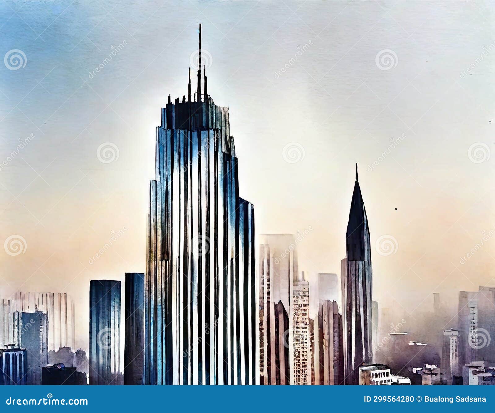 Watercolor of View of Iconic Skyscraper from Summit One Stock ...