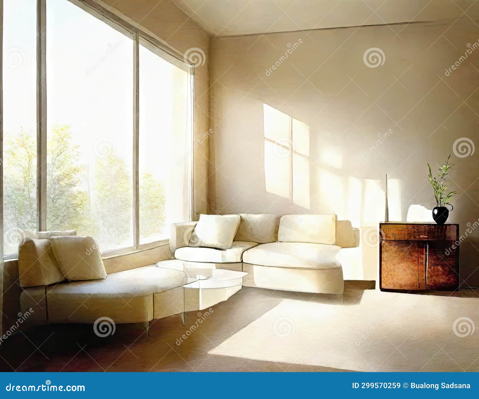 Watercolor of View of Softly Lit Living Room with Stock Illustration ...