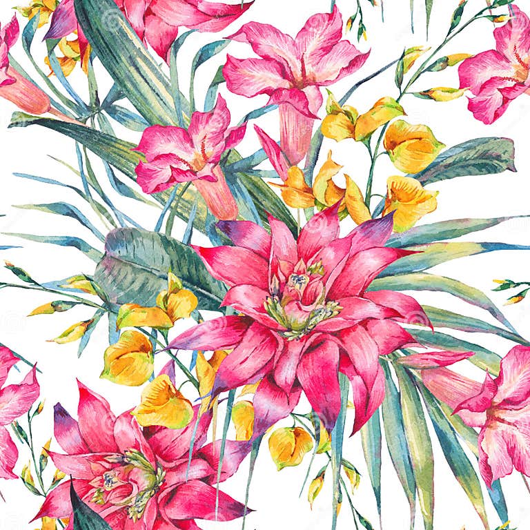 Watercolor Vintage Floral Tropical Seamless Pattern Stock Illustration