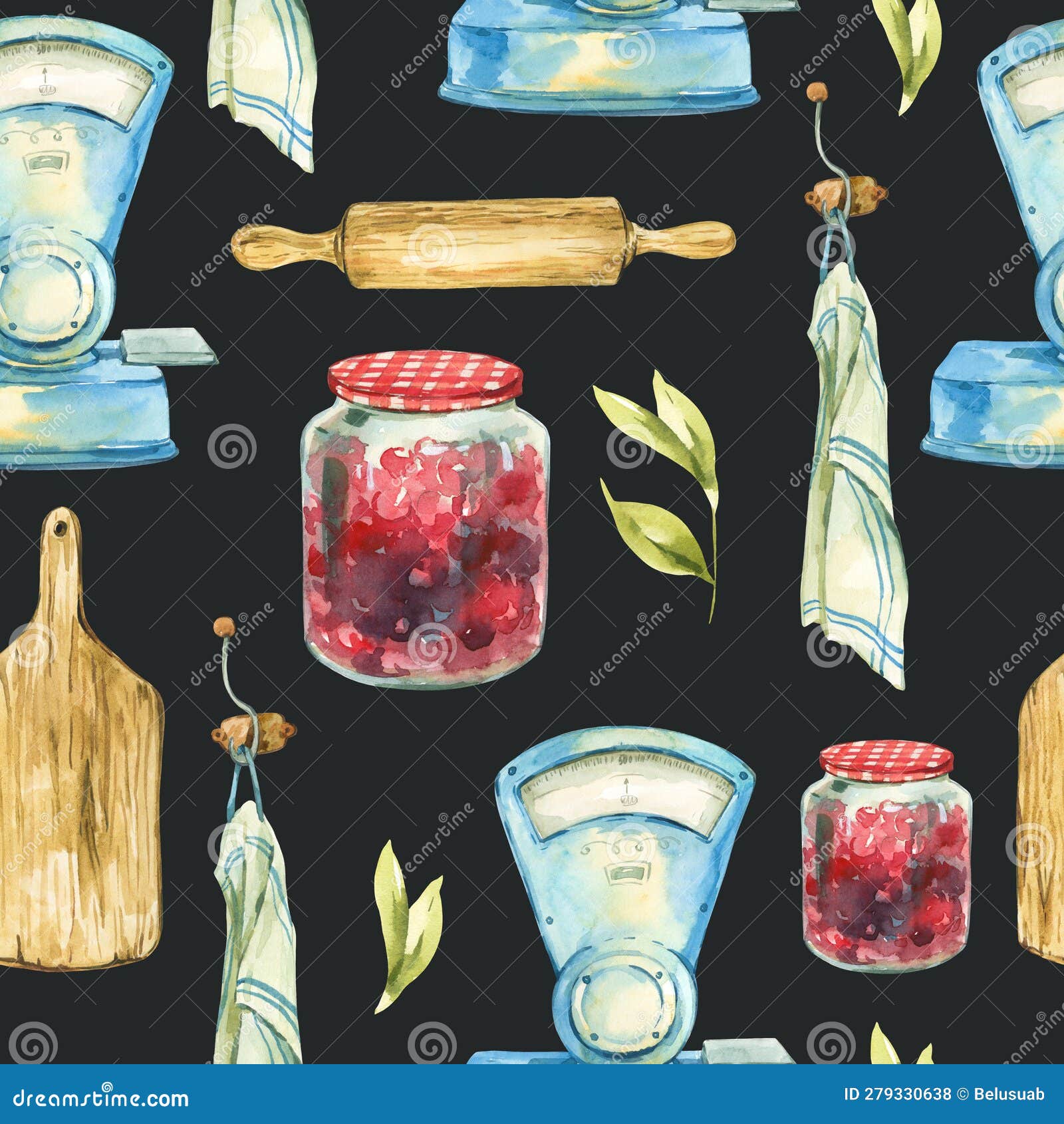 Watercolor Vintage Kitchen Utensils Seamless Pattern. Cooking Objects ...