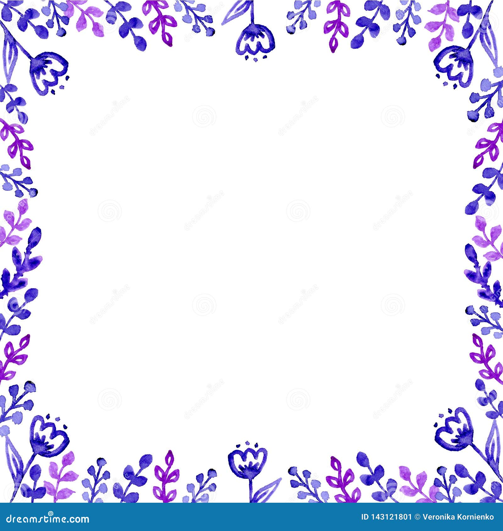 Watercolor Violet Leaves and Flowers Frame Stock Illustration ...