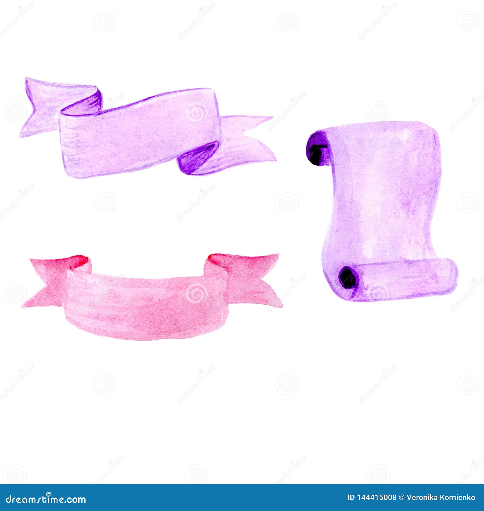 Watercolor Violet and Pink Ribbons Set in Raster Format. Stock ...