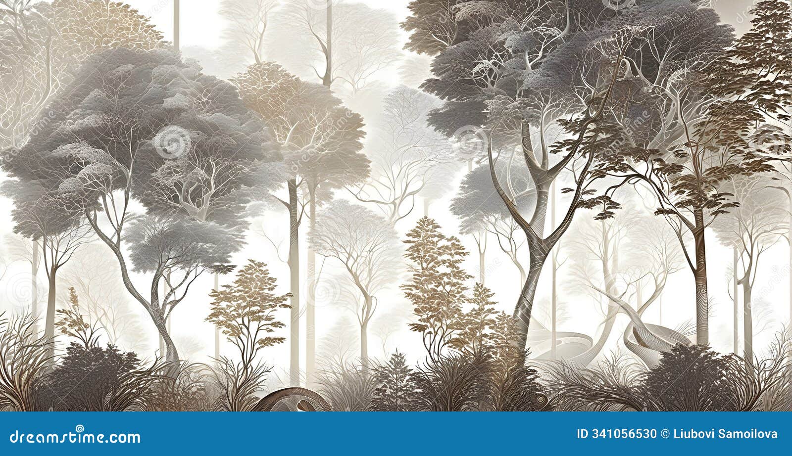 Watercolor Wallpaper Forest in Beige Illustrations Stock Illustration ...