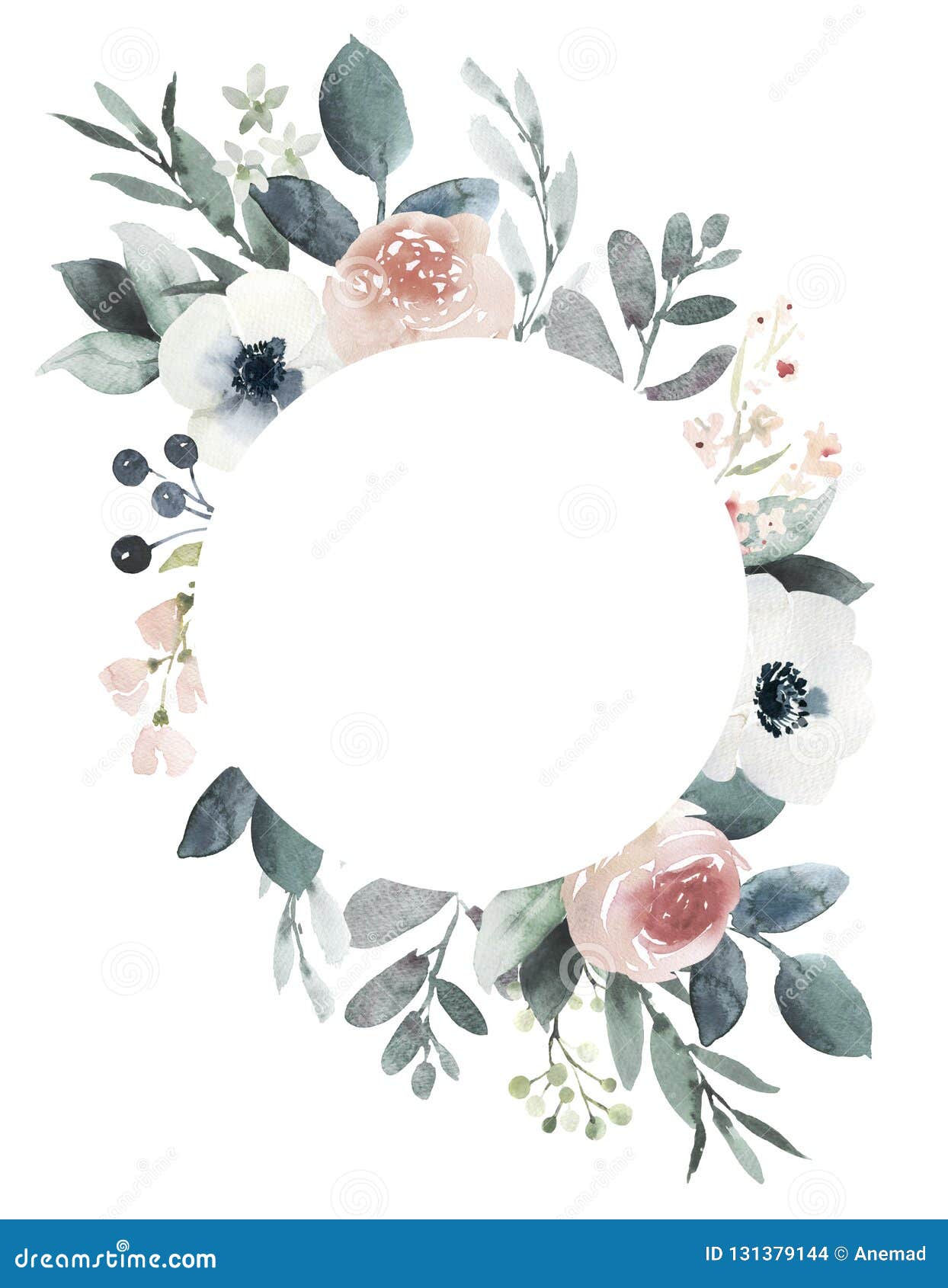Watercolor Wedding Floral Frame with Blush Roses and Stock Illustration ...