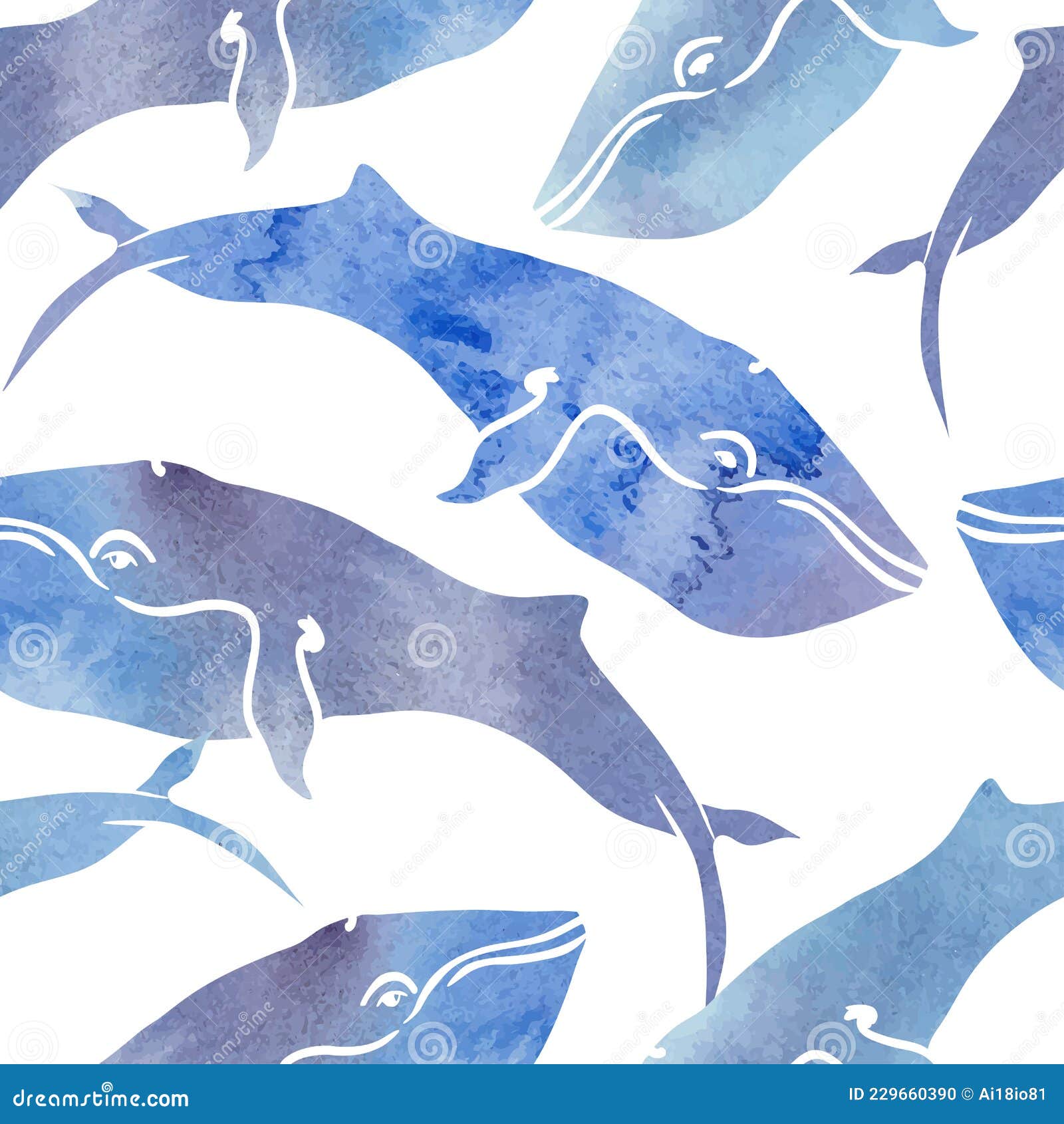 Watercolor Whales Isolated On A White Background. Sky And Stars Texture ...