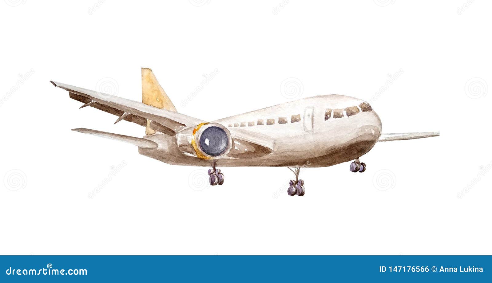 Watercolor Airplane Flies on the White Background Stock Illustration ...