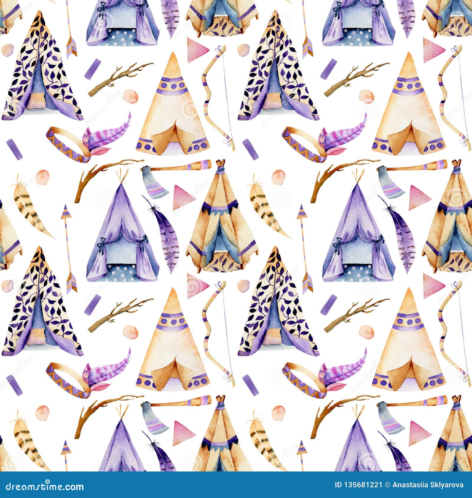 Watercolor Wigwams And Authentic Native American Elements Round ...