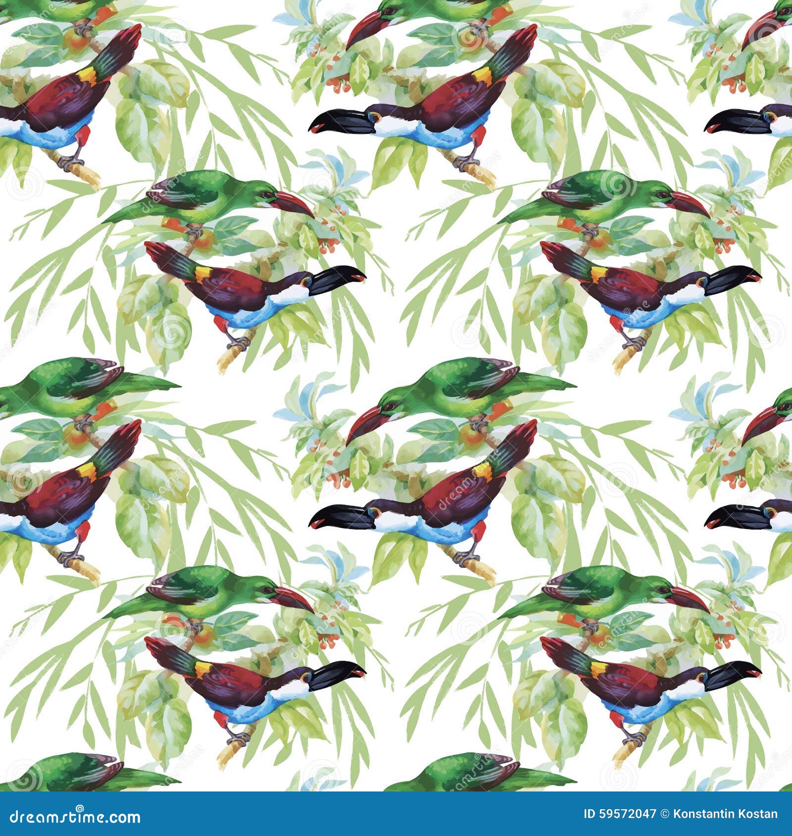 Watercolor Wild Exotic Birds on Flowers Seamless Pattern on White ...