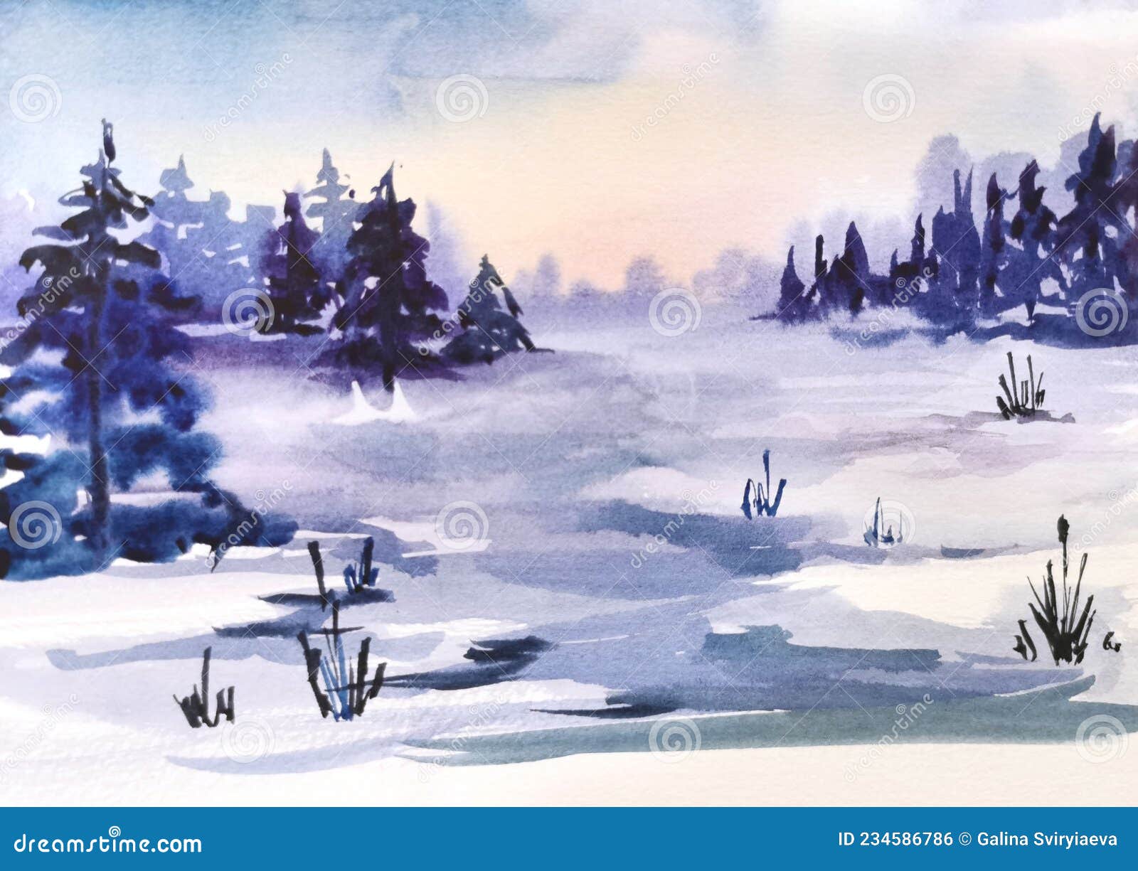 Watercolor Winter Forest, Hand Painted Illustration Stock Illustration ...