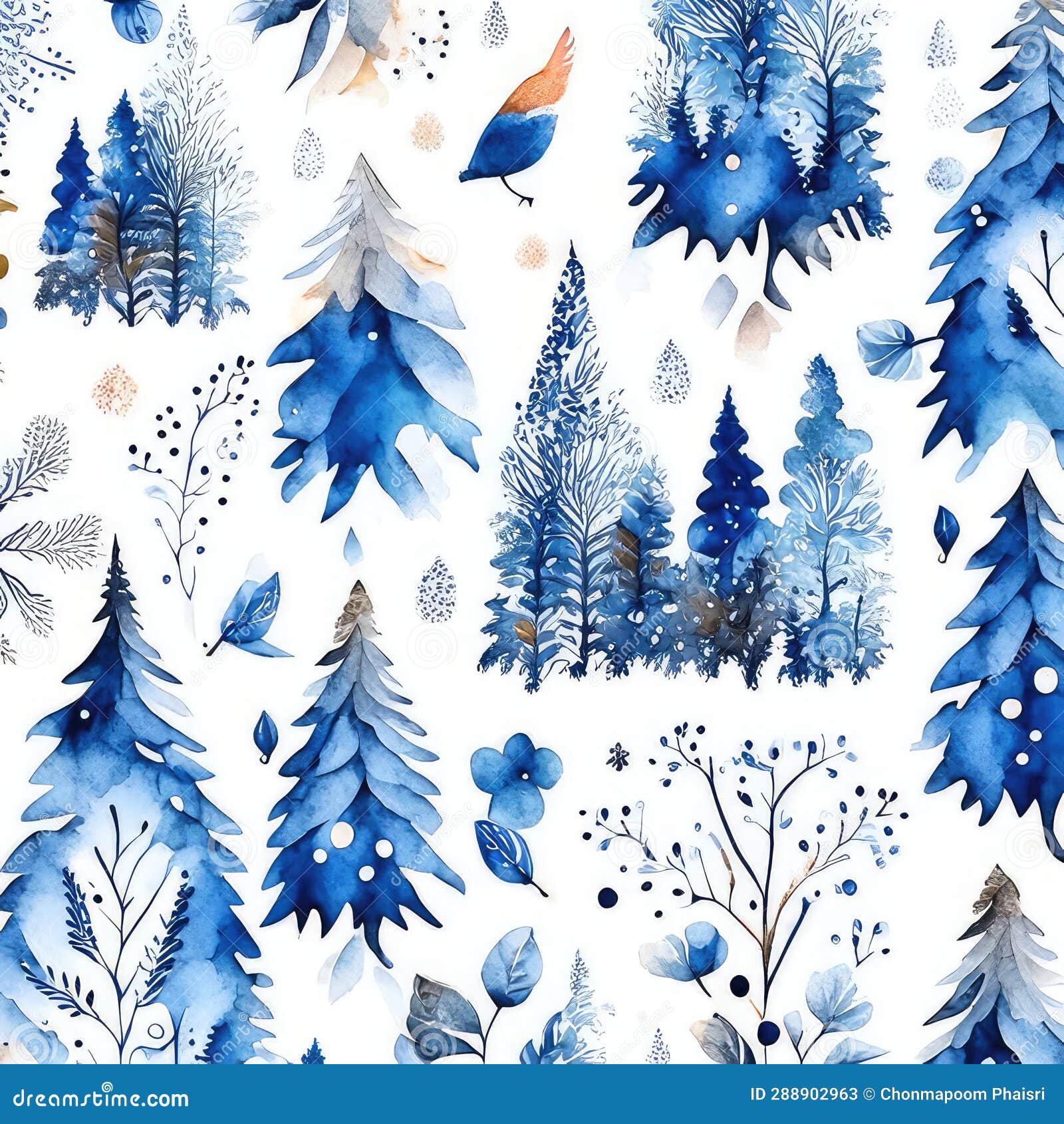 Watercolor Winter Forest Seamless Pattern. Hand Painted Illustration on White Background. AI ...