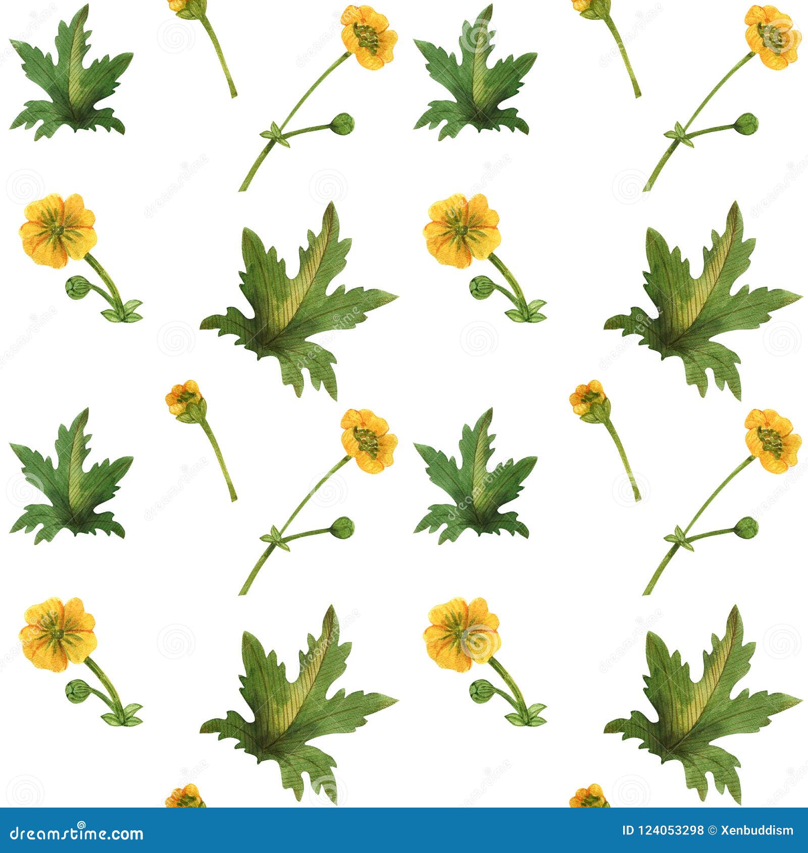 Watercolor Yellow Buttercup Seamless Pattern Stock Photo - Image of ...