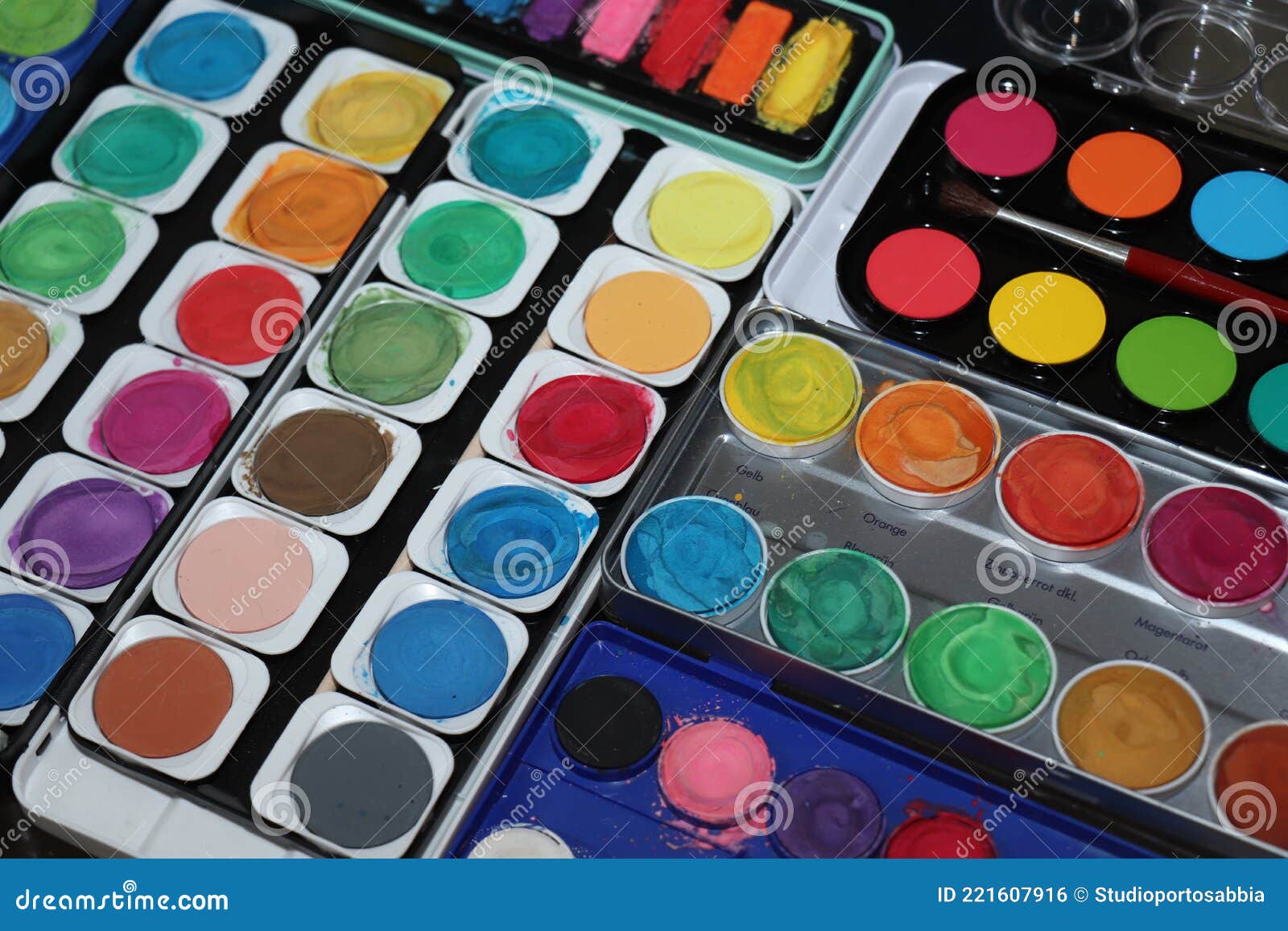 Watercolors in boxes stock photo. Image of paintbrush - 221607916