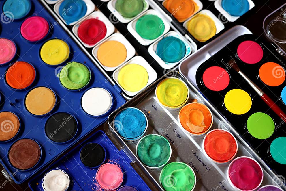Watercolors in boxes stock photo. Image of round, paintbrush - 323689470