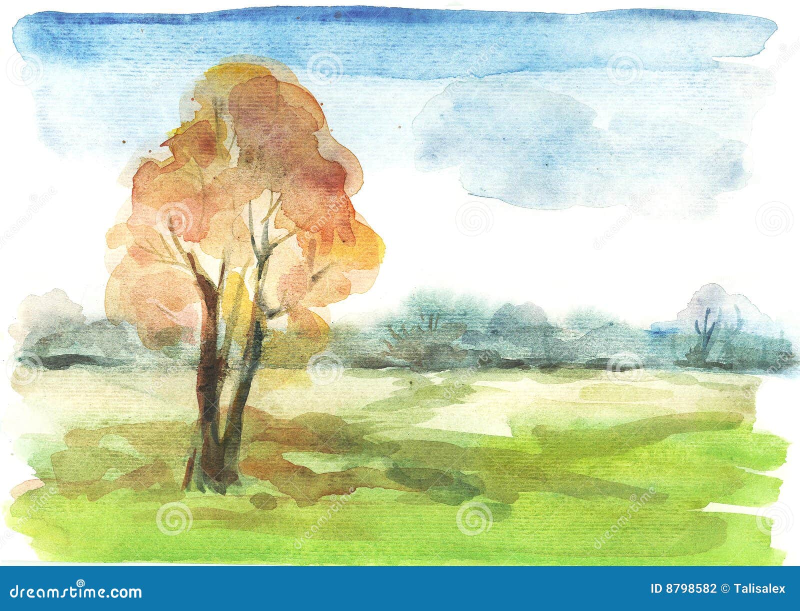 Watercolour Autumn Landscape Stock Illustration - Illustration of ...
