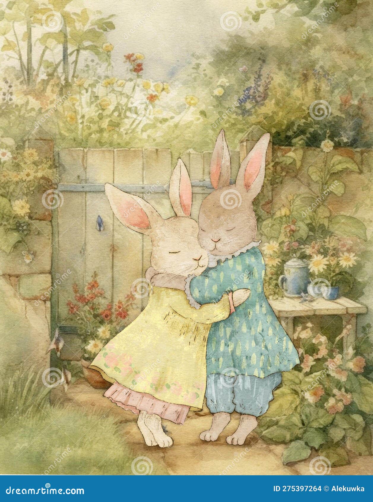 Watercolor Vintage Drawing of Two Cute Rabbits in a Vintage Atmosphere ...