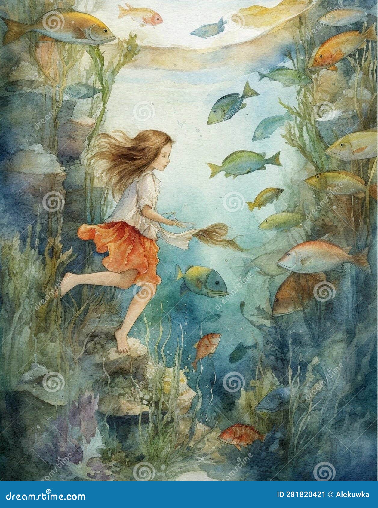 Watercolor Drawing Girl Life Under Water, Fantasy Underwater Stock ...