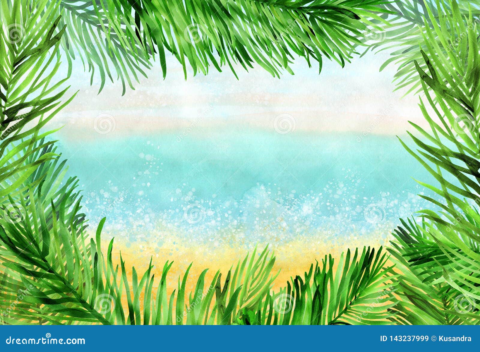 Watercolour Horizontal Beach Background with Palm Leaves Frame Stock ...