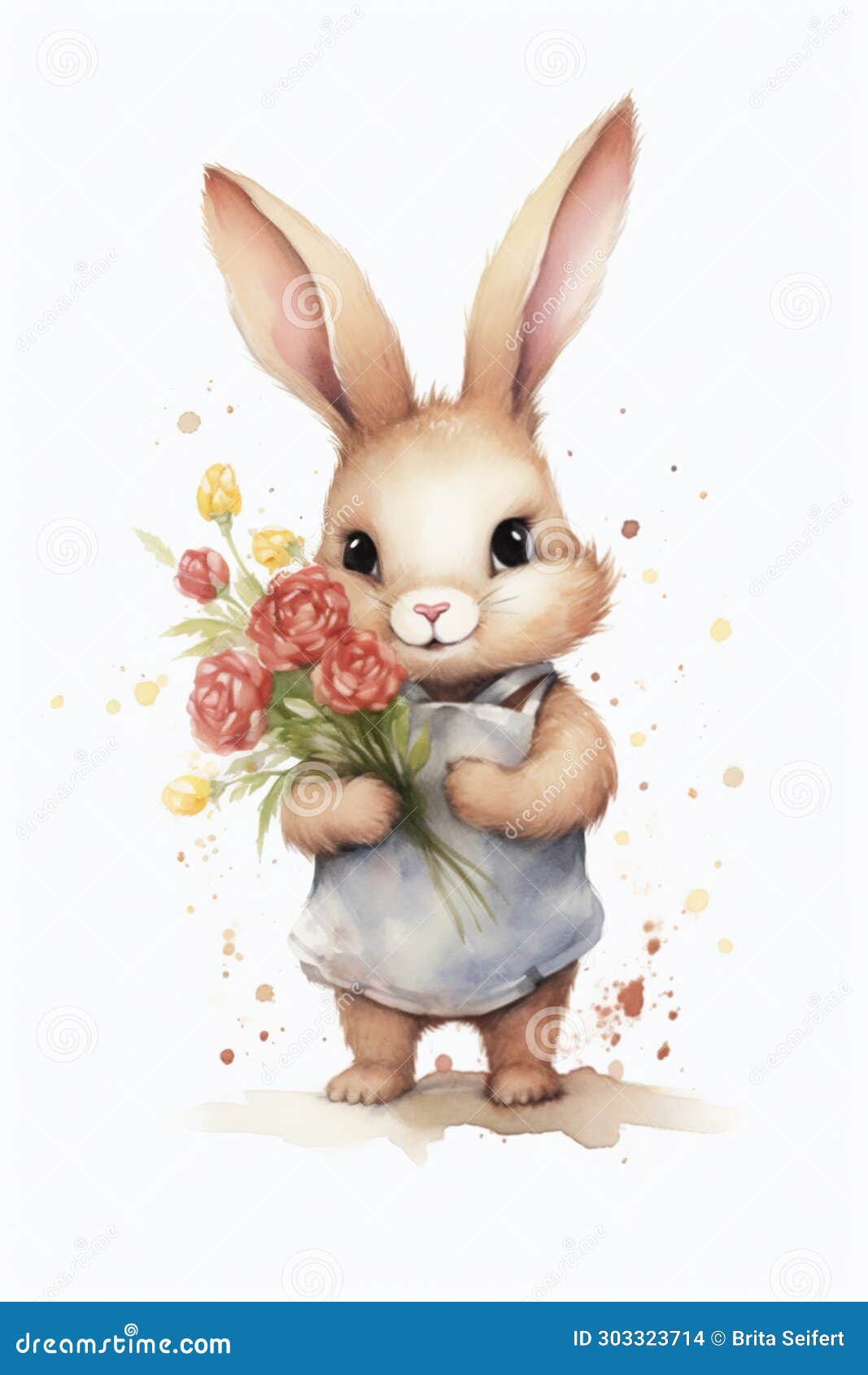 A Watercolour Illustration of a Cute Rabbit Holding a Bunch of Red ...