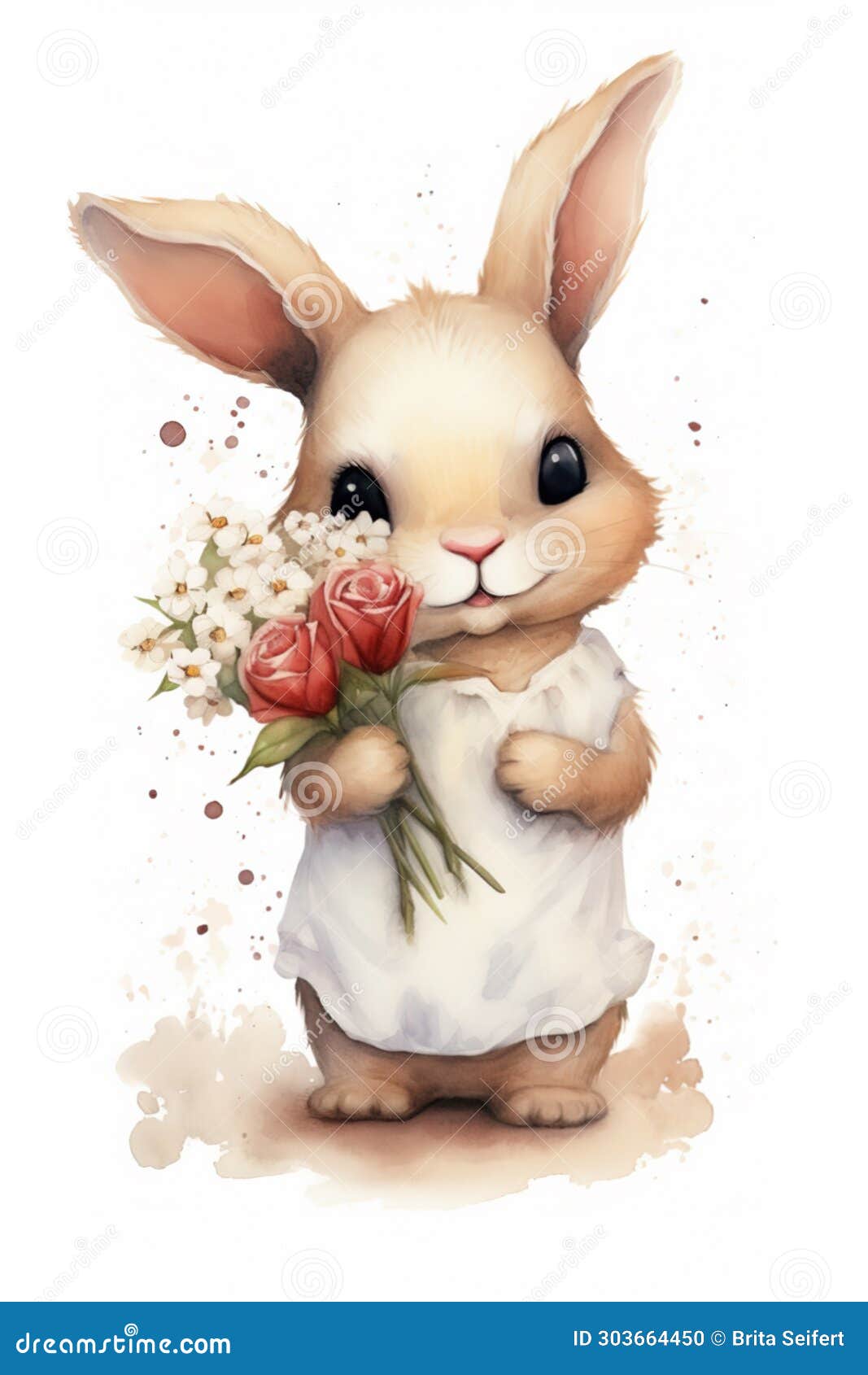 A Watercolour Illustration of a Cute Rabbit Holding a Bunch of Red ...
