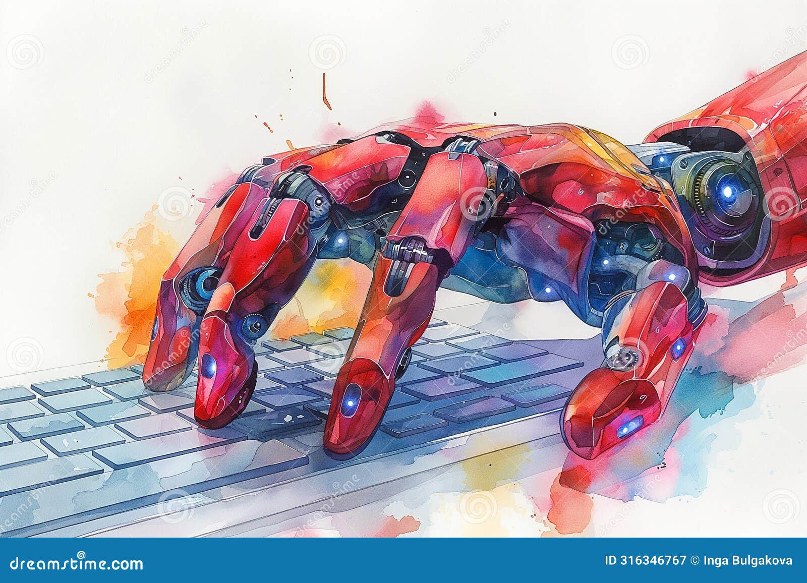 Watercolour Illustration of 3d Red Robot Hand on Keyboard on White ...