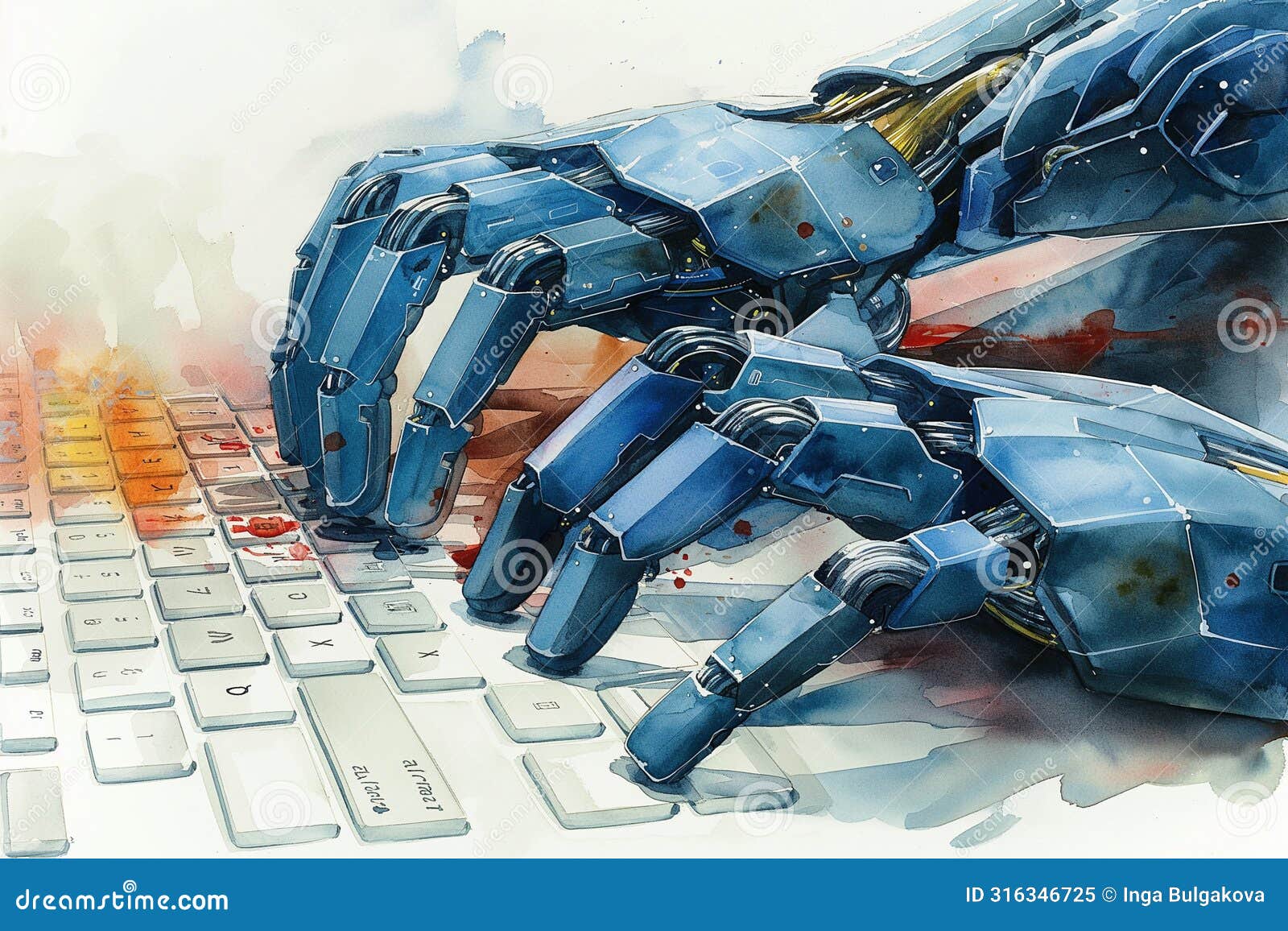 Watercolour Illustration of Dark Blue Robot Hands Typing on White ...