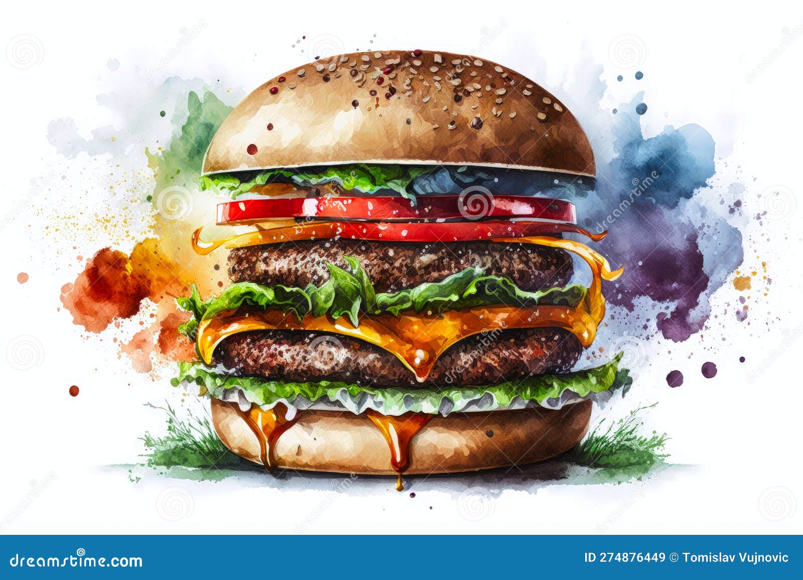Watercolour Painting of a Burger Stock Illustration - Illustration of ...