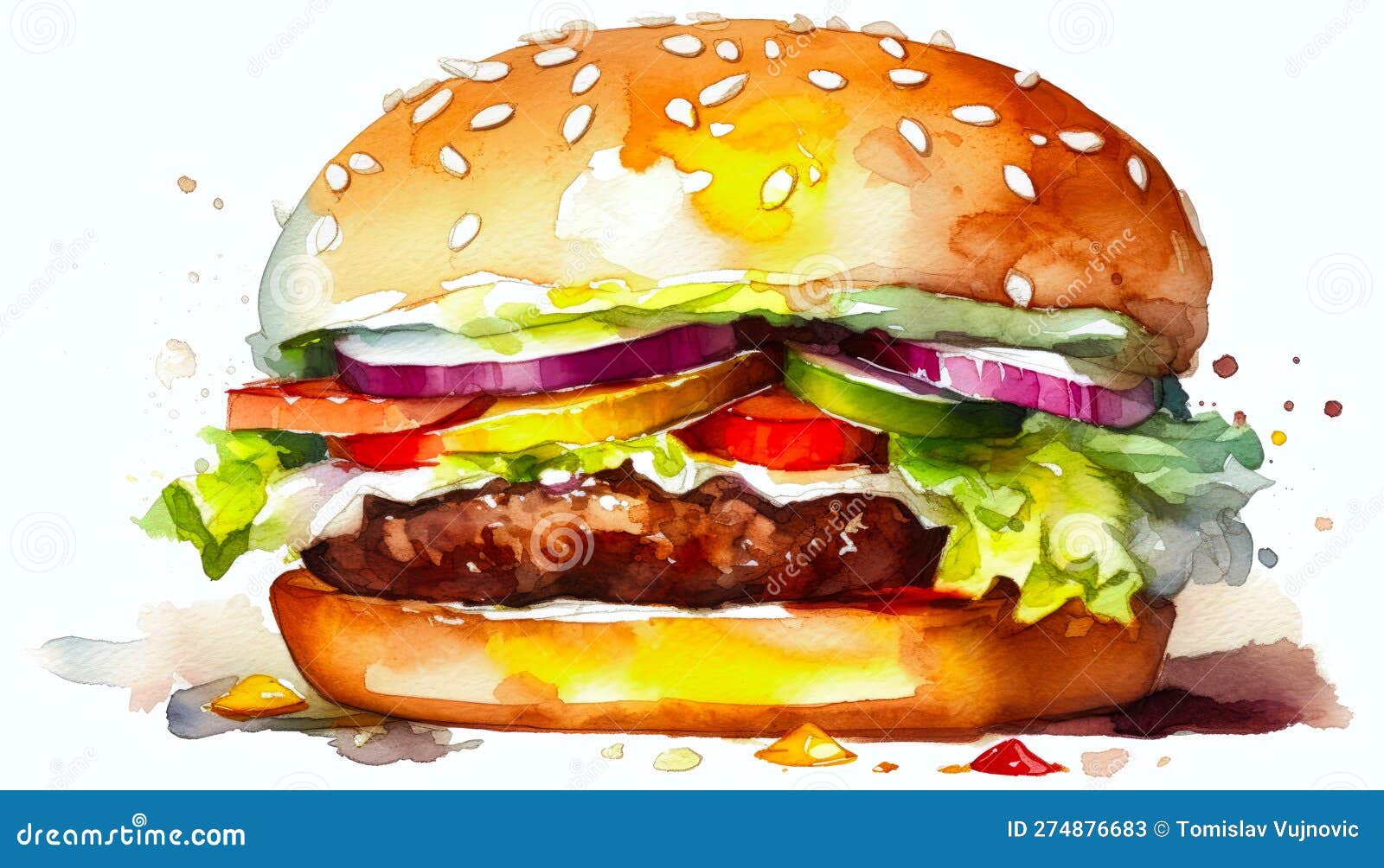 Watercolour Painting of a Burger Stock Illustration - Illustration of ...