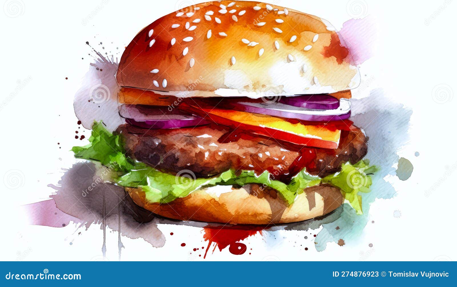 Watercolour Painting of a Burger Stock Illustration - Illustration of ...