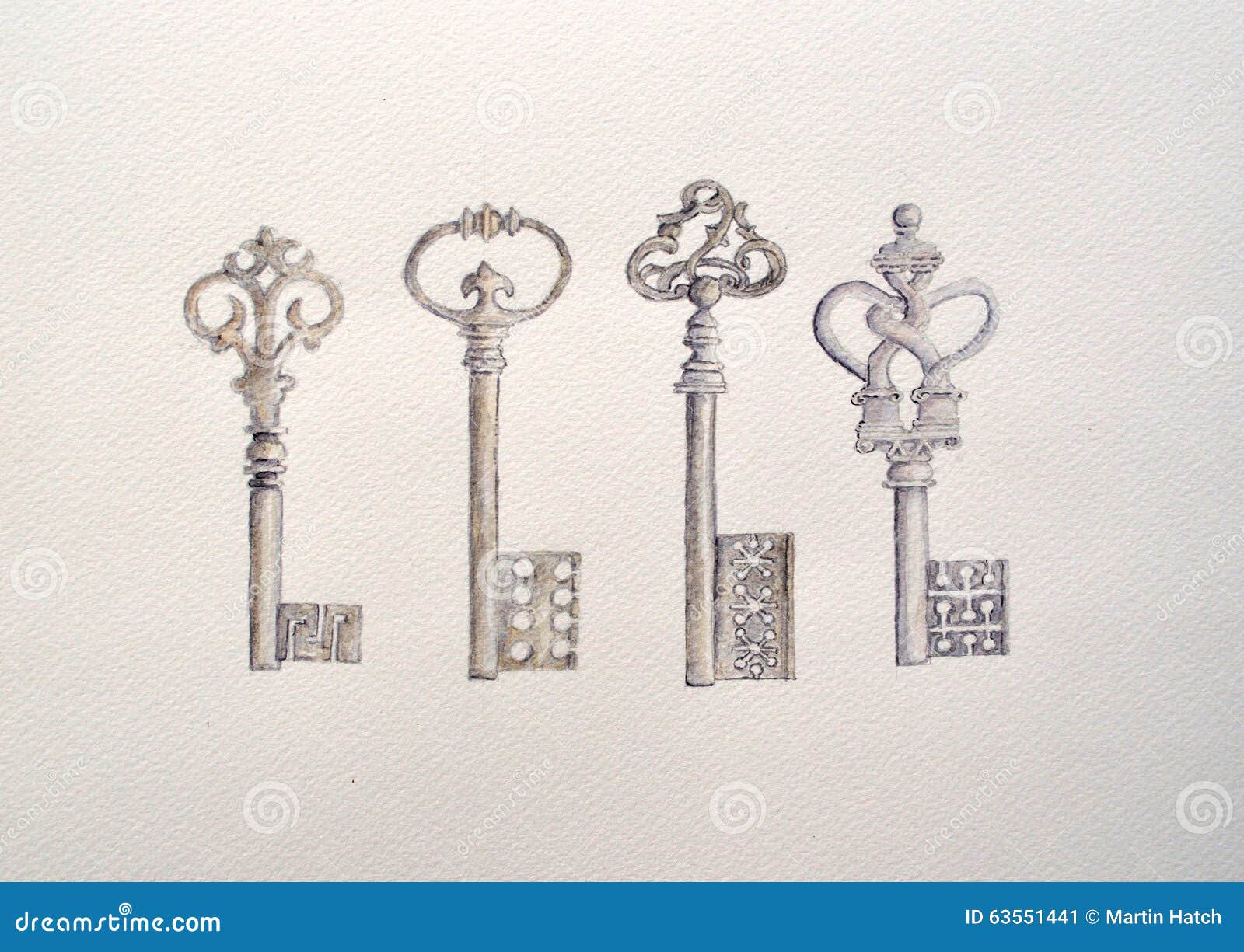 Watercolour Painting of Four Antique Keys Stock Illustration ...