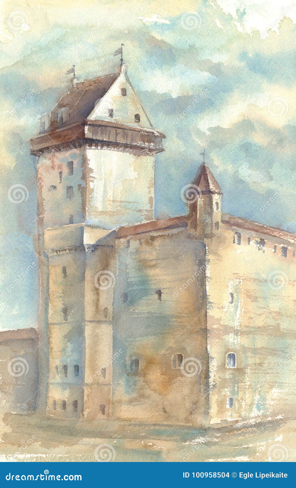 Watercolour Painting of Medieval Castle Stock Illustration ...